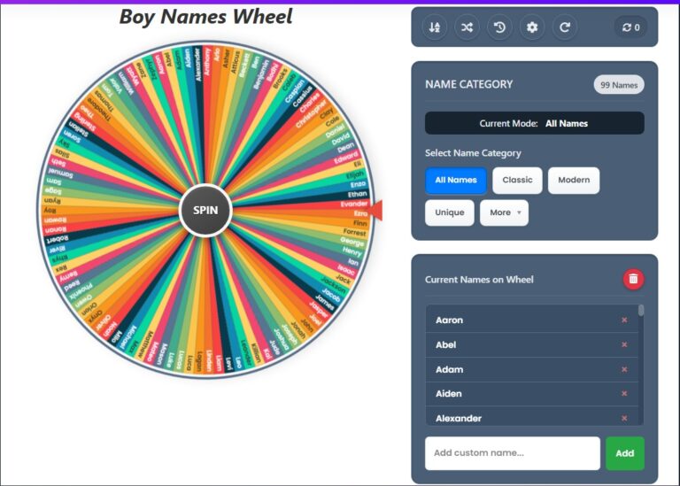 100 Boy Names Wheel – Random Name Generator