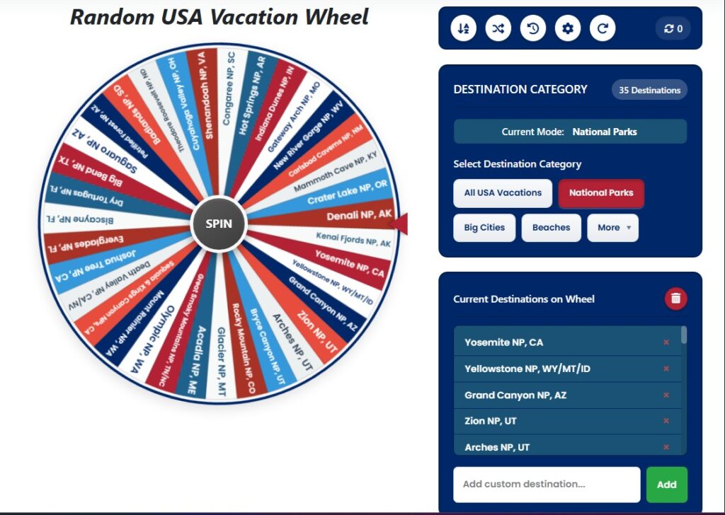 Random US Vacation Generator Wheel – 250+ Destinations!