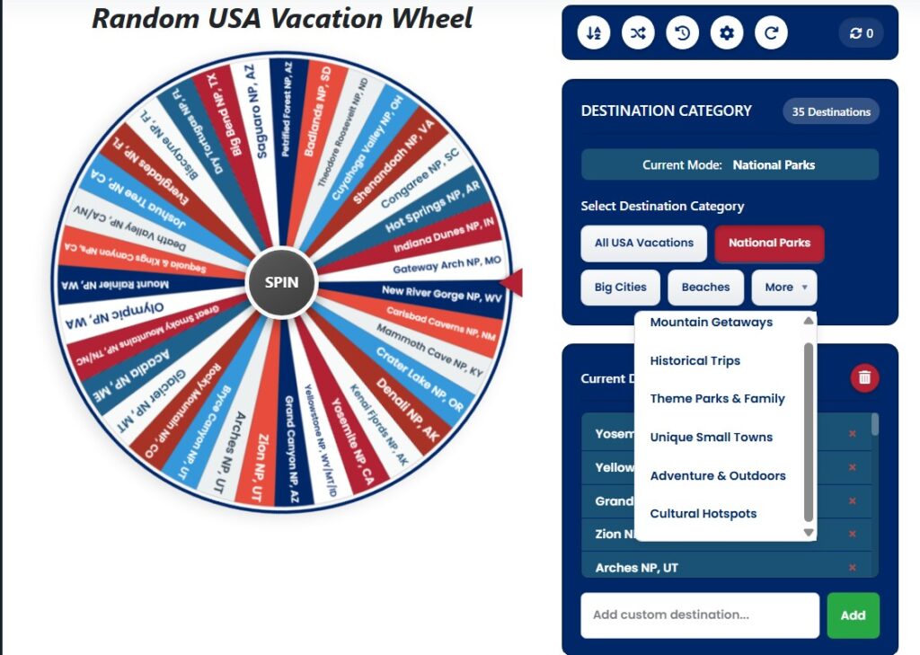 Random US Vacation Generator Wheel – 250+ Destinations!