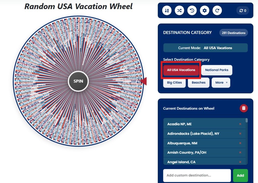 Random US Vacation Generator Wheel – 250+ Destinations!