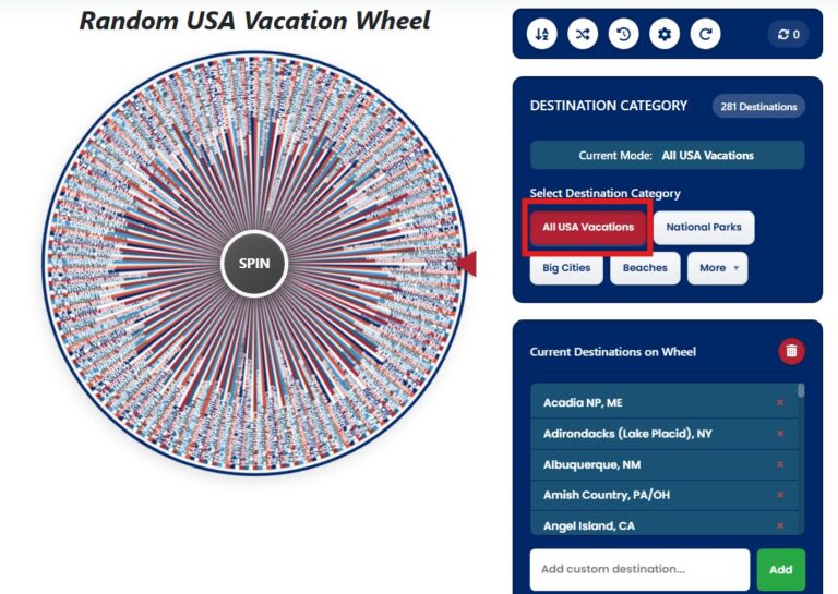 Random US Vacation Generator Wheel – 250+ Destinations!