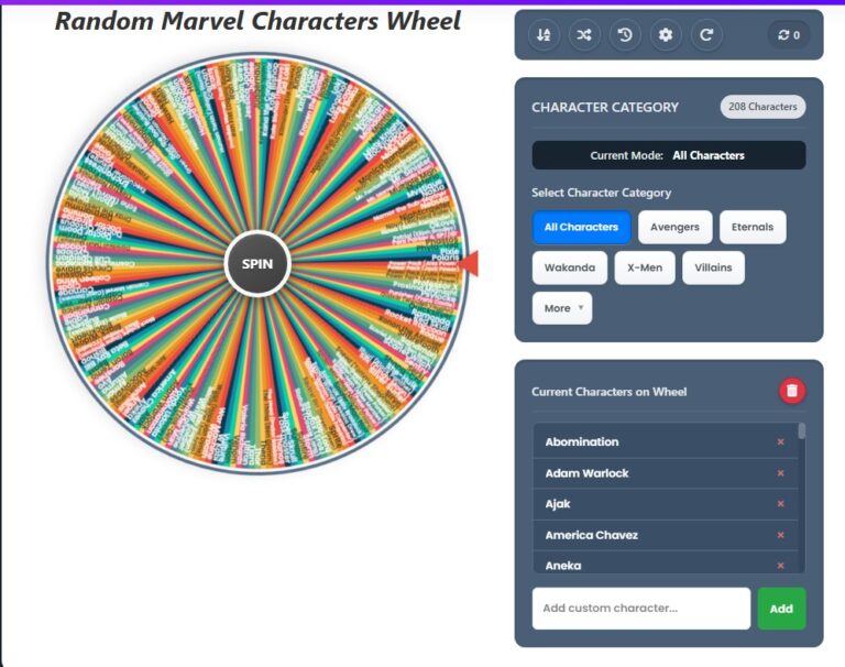 Marvel Characters Wheel – Spin To Get 200+ Random Heroes