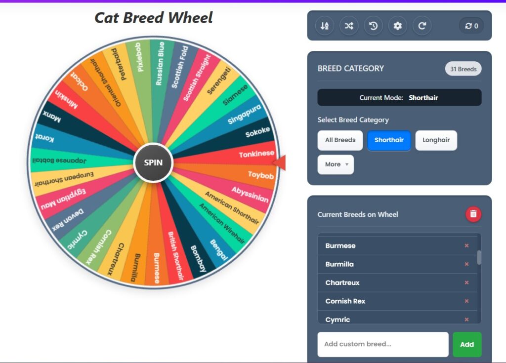 Cat Breed Generator Wheel – Spin & Discover 65+ Breeds!