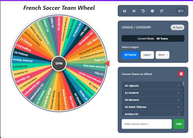 Random French Soccer Team Picker Wheel