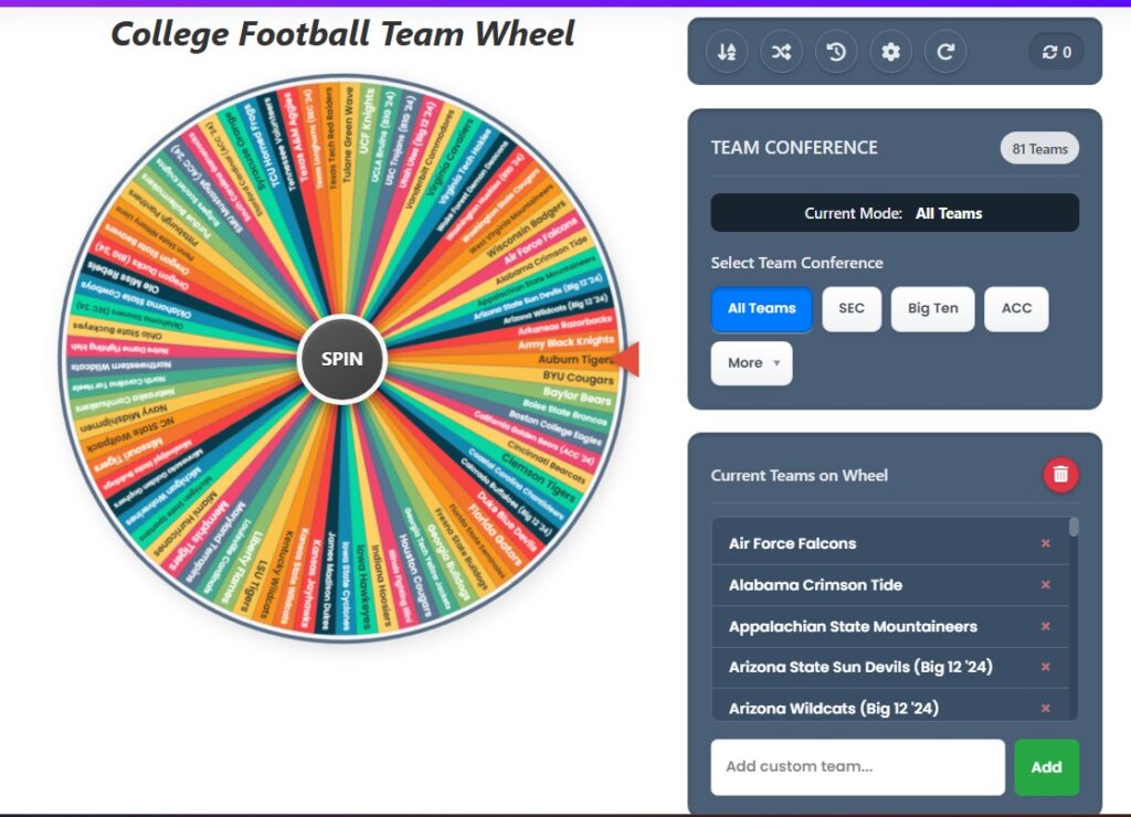 College Football Teams Wheel – Spin To Pick From 81 Teams