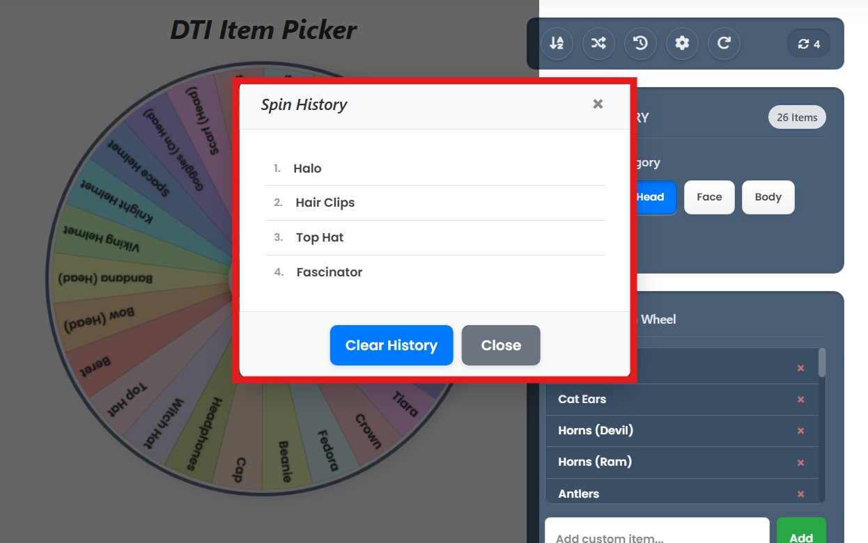 150+ DTI Items Wheel | Spin & Pick Random Items