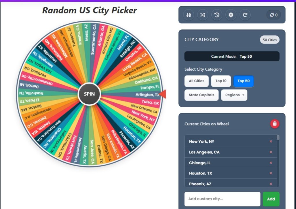 Random US City Picker – Top 50 Cities Wheel