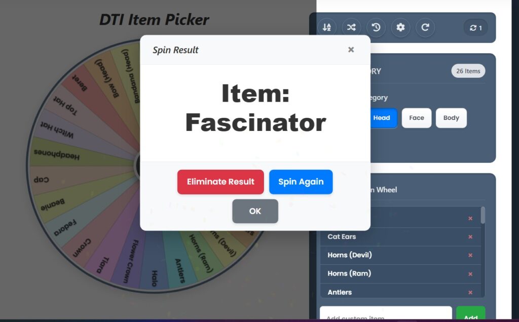150+ DTI Items Wheel | Spin & Pick Random Items